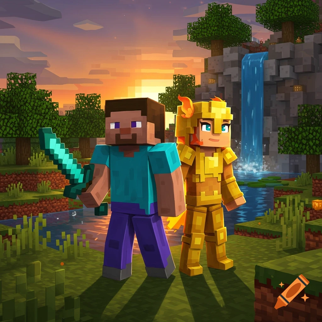 Steve from Minecraft and a Fortnite character stand together in a sunny ...