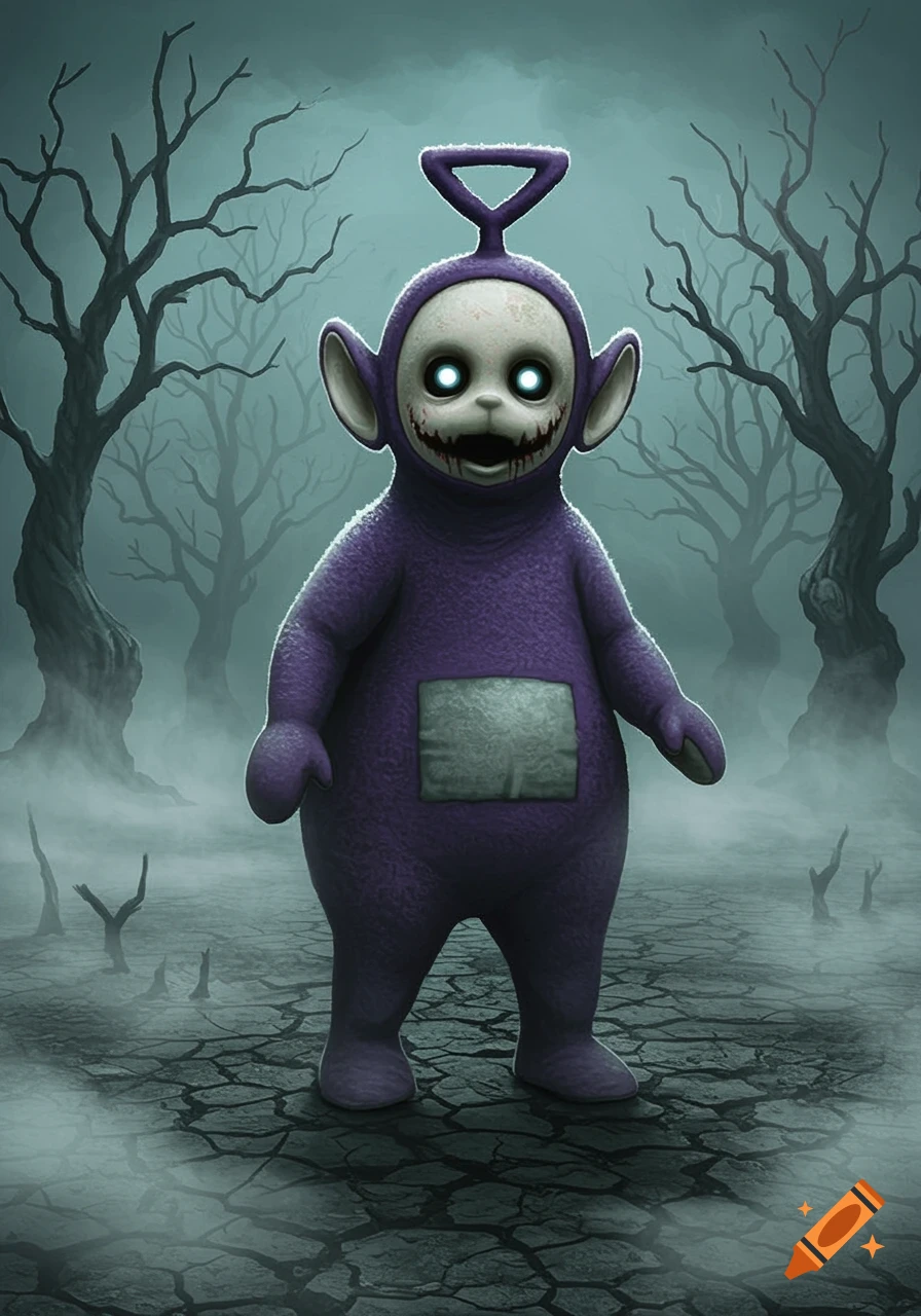 A terrifying purple Teletubby with glowing white eyes and a bloody ...