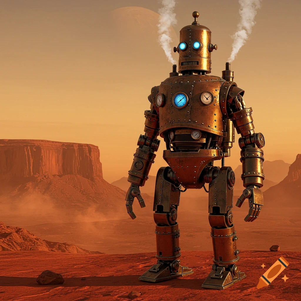 A steampunk robot with glowing blue eyes and steam vents stands on the ...