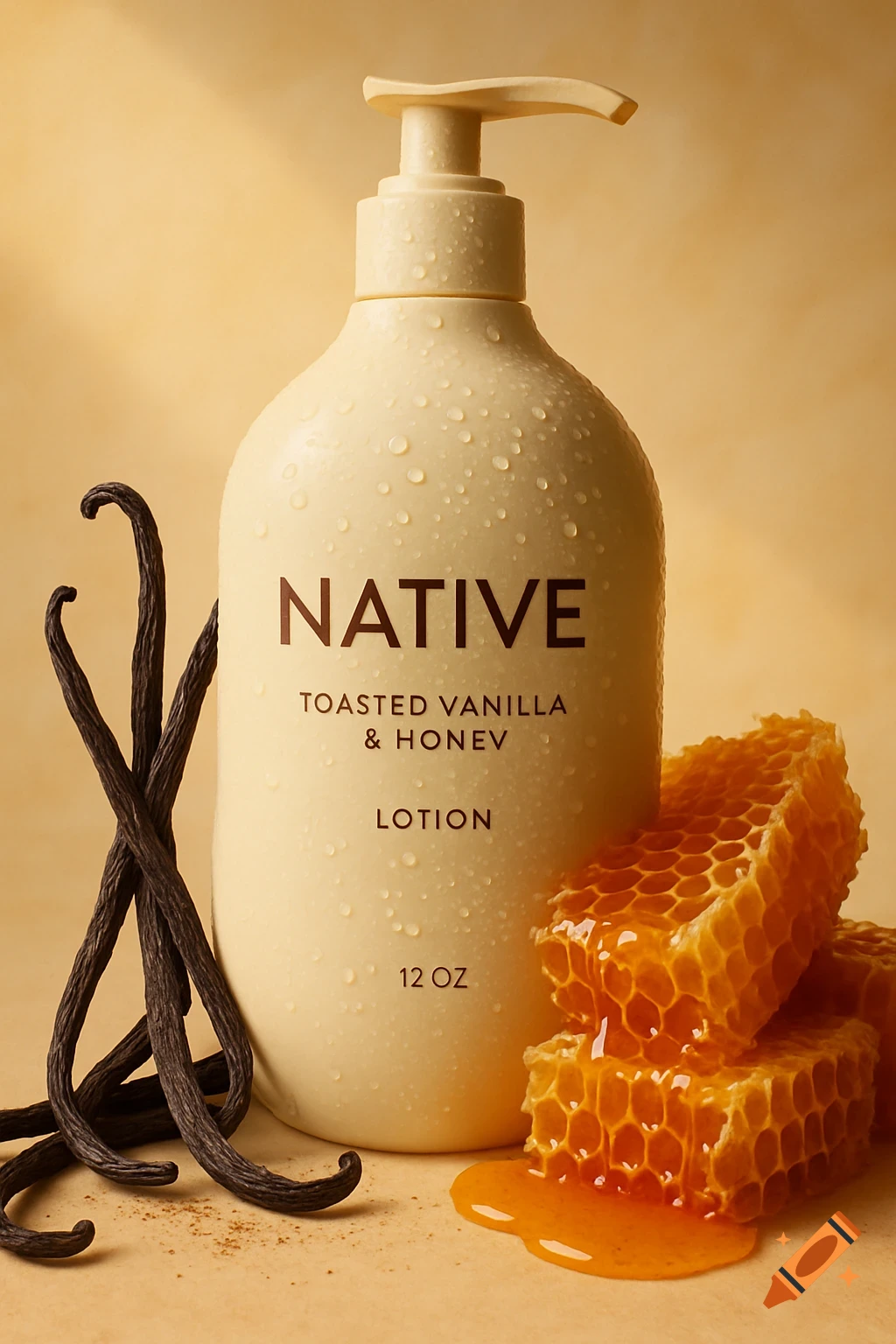 A photorealistic close-up of a white Native lotion bottle with water ...