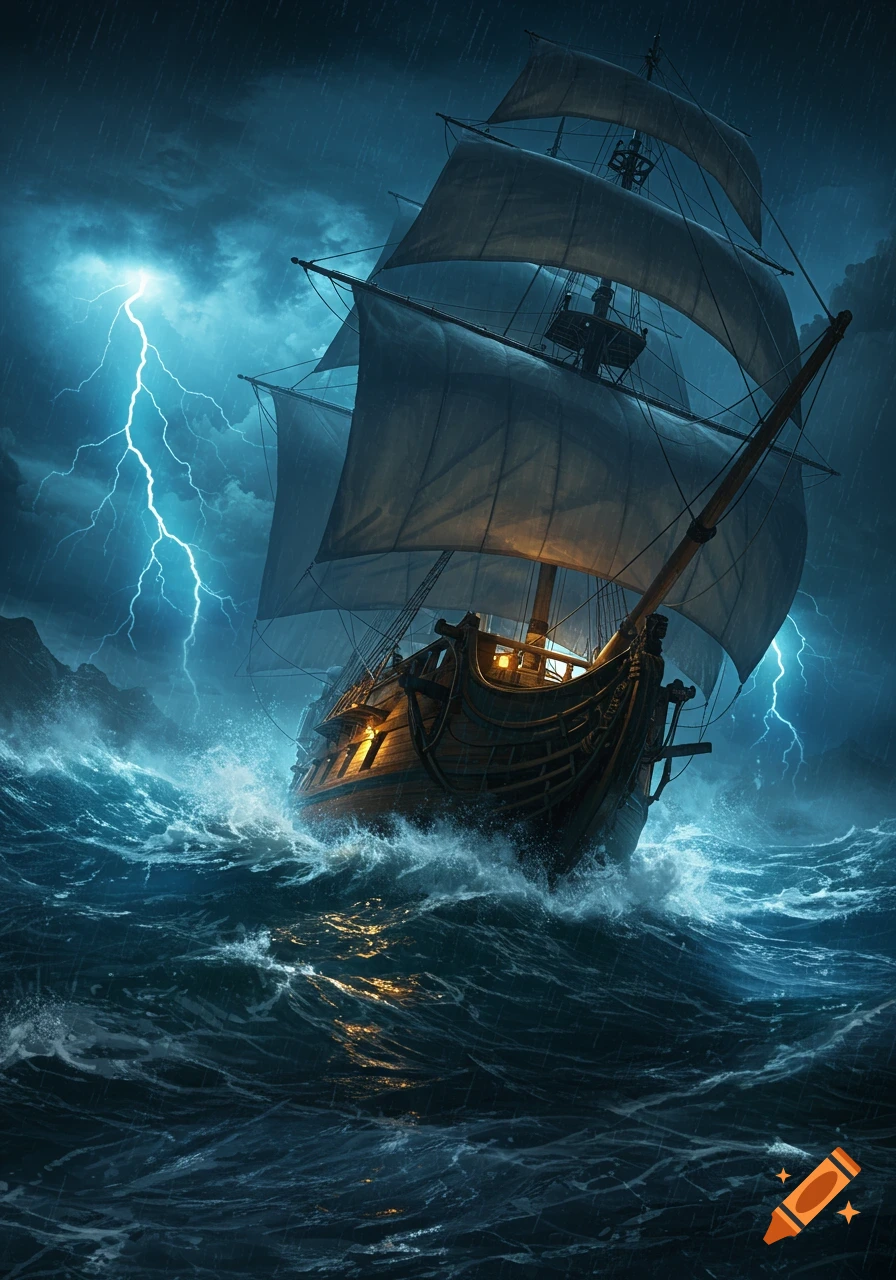 Epic digital painting of old sailing ships in a fierce lightning storm ...