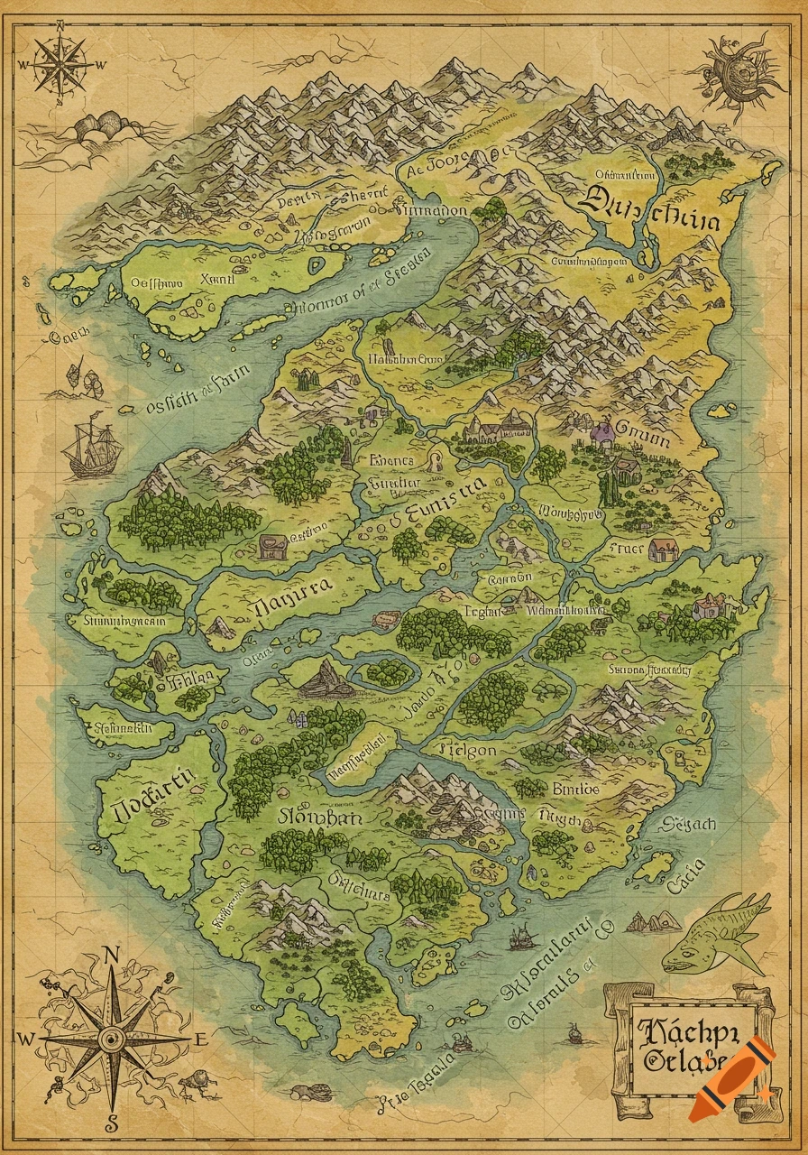 An antique-style fantasy map on aged parchment showing detailed ...