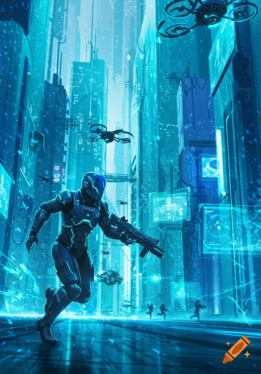 A futuristic soldier in glowing blue and black armor runs through a neon-lit cyberpunk city ...