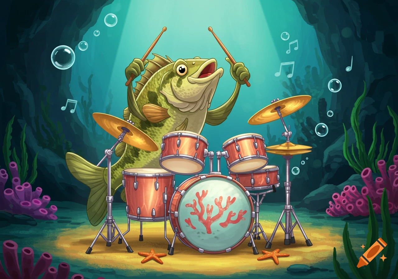 A vibrant cartoon illustration of a bass fish enthusiastically playing ...