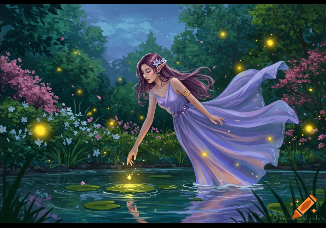 A purple-haired elf in a flowing lavender dress stands in a moonlit ...