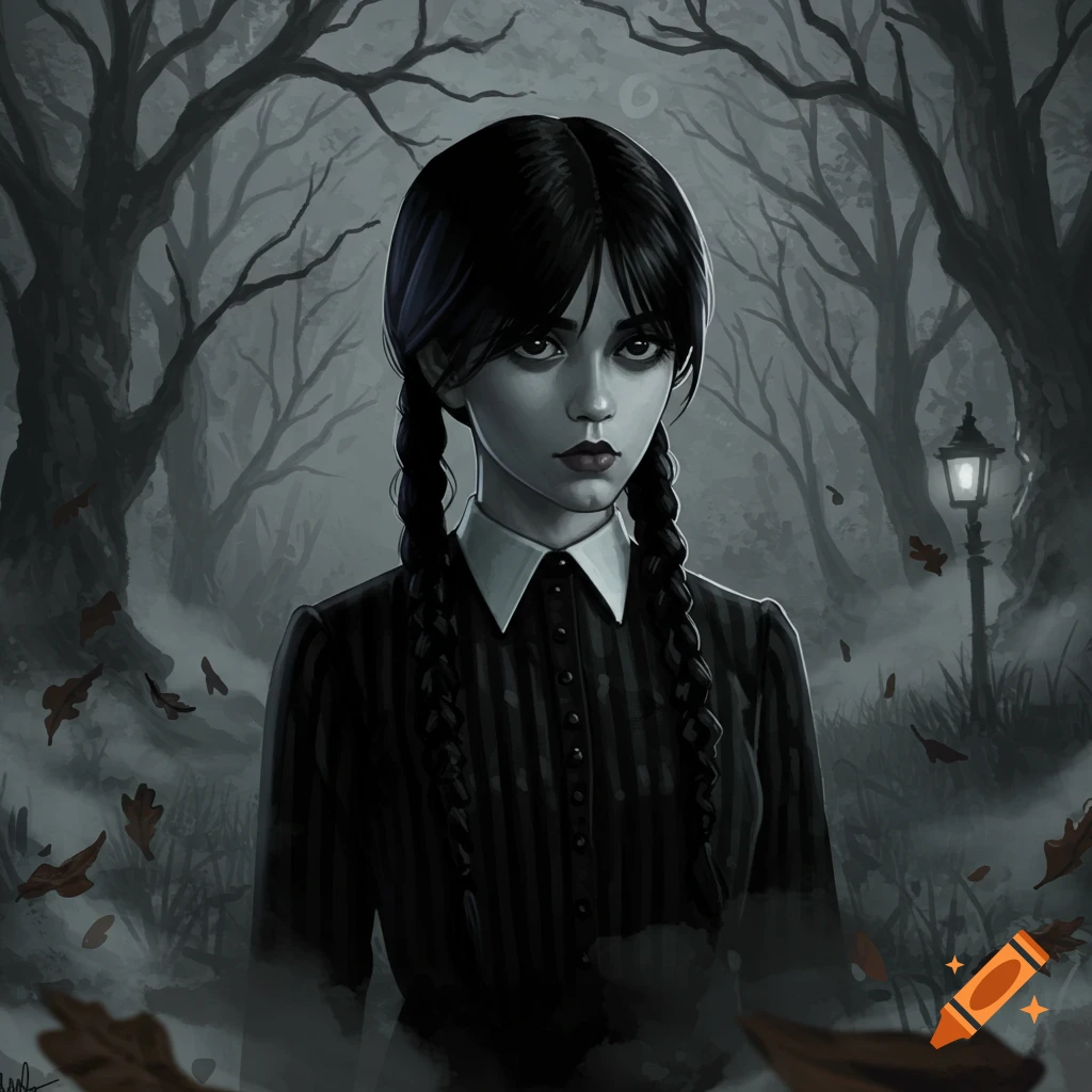 Stylized illustration of Wednesday Addams with black braids and pale ...