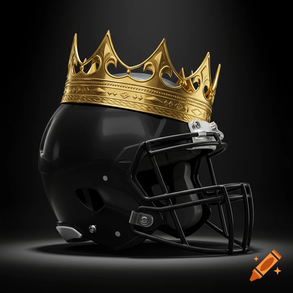 A shiny black football helmet wears a detailed golden crown, against a ...