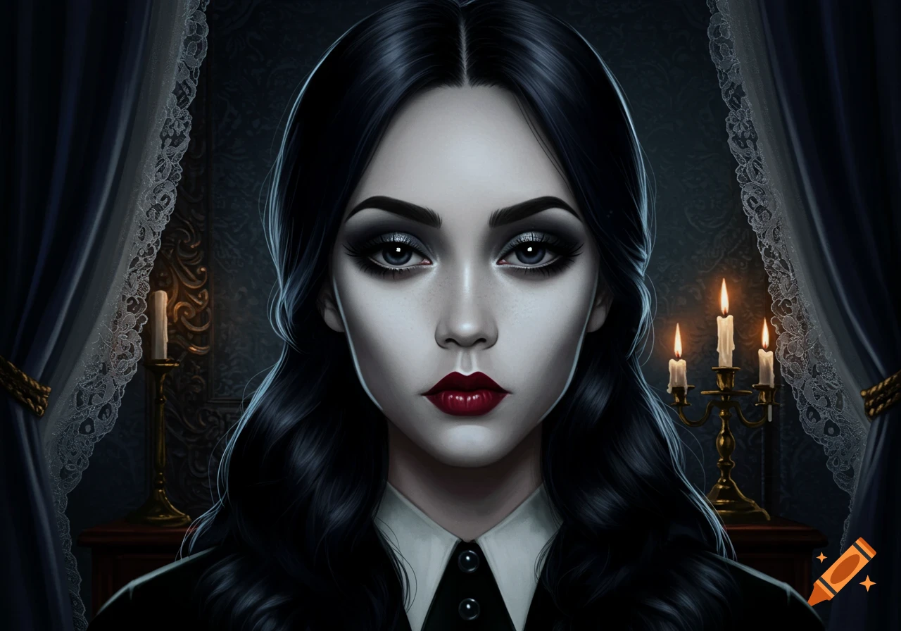 A gothic woman with long black hair, dramatic makeup, red lips, and a ...