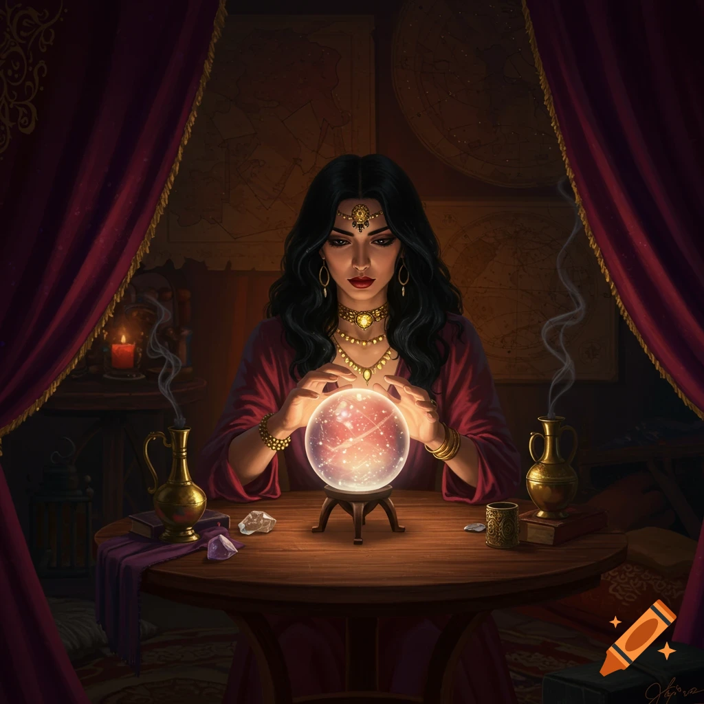 A dark-haired fortune teller in red robes gazes intently into a glowing ...