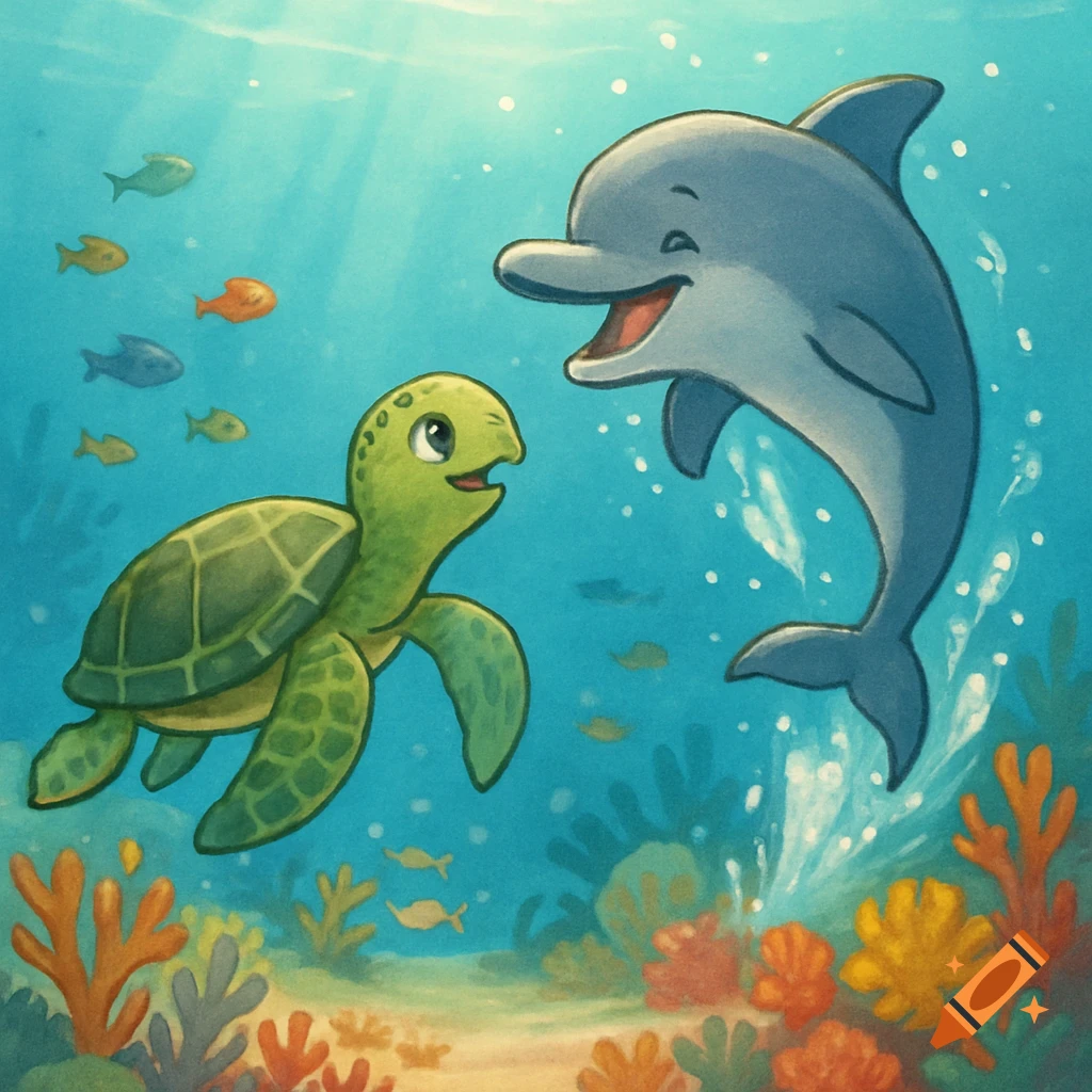 Stylized illustration of a dolphin, turtle, orca, and two fish swimming ...