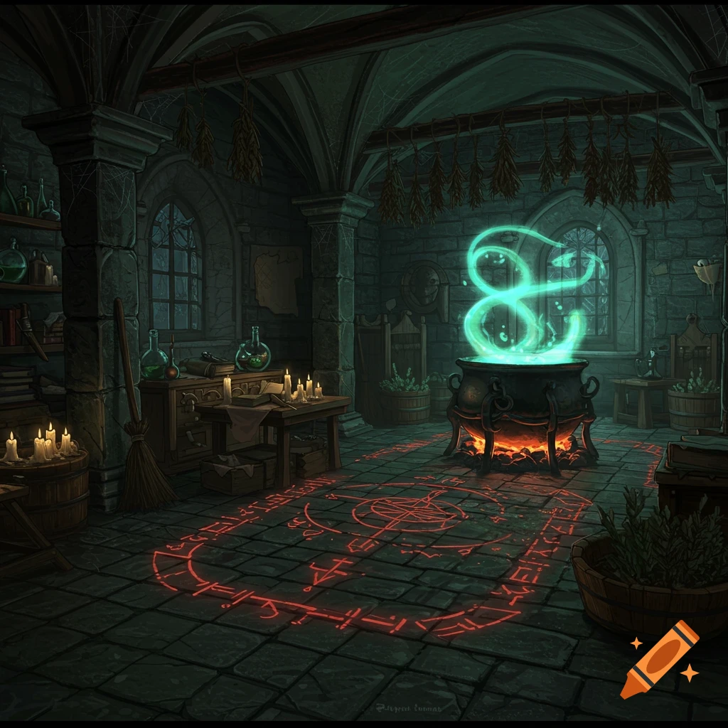 A dark, hell-themed coffee shop with brick walls, glowing lava lamps ...