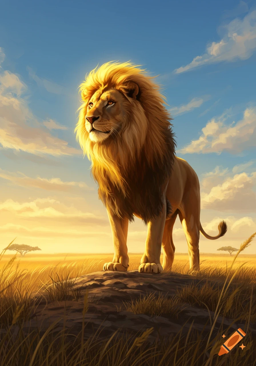 A majestic winged lion with a large tick on its back stands in a ...