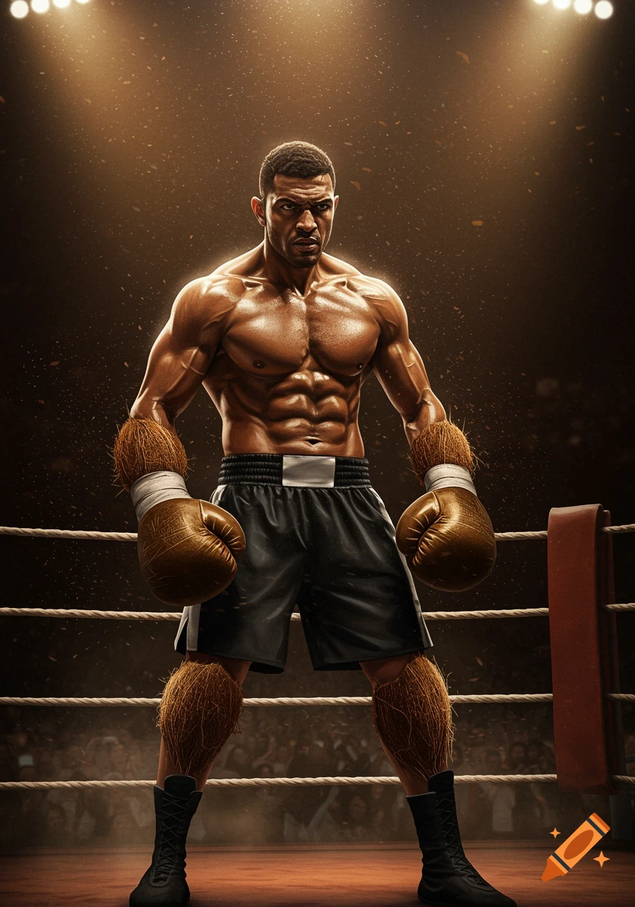 A muscular boxer with hairy, coconut-like forearms and shins stands in ...