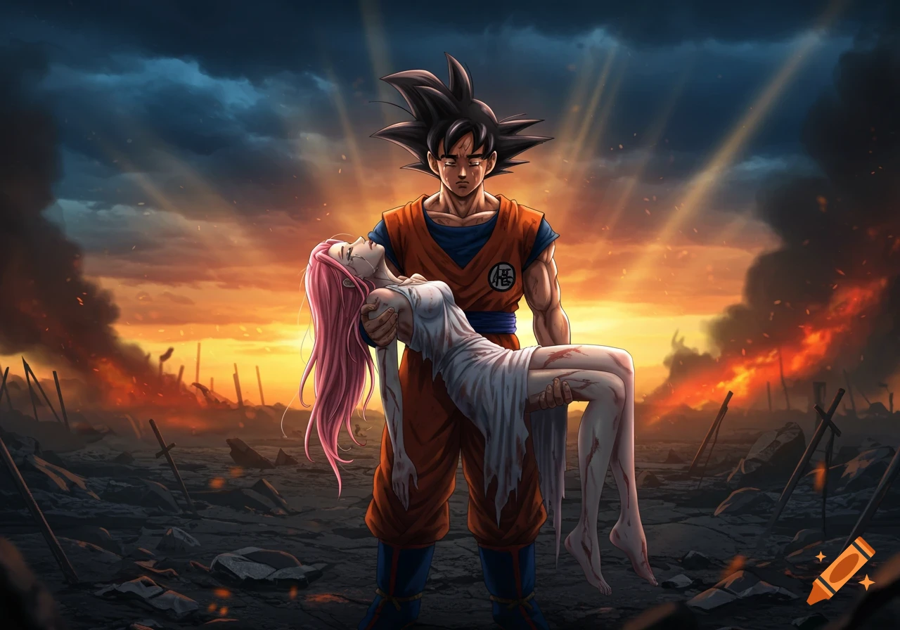 Goku holds an injured woman with pink hair on a desolate, burning ...