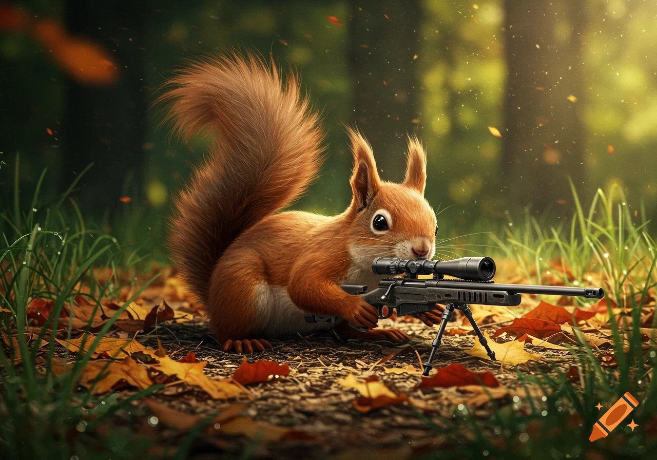 A photorealistic squirrel lies prone in a forest among autumn leaves ...