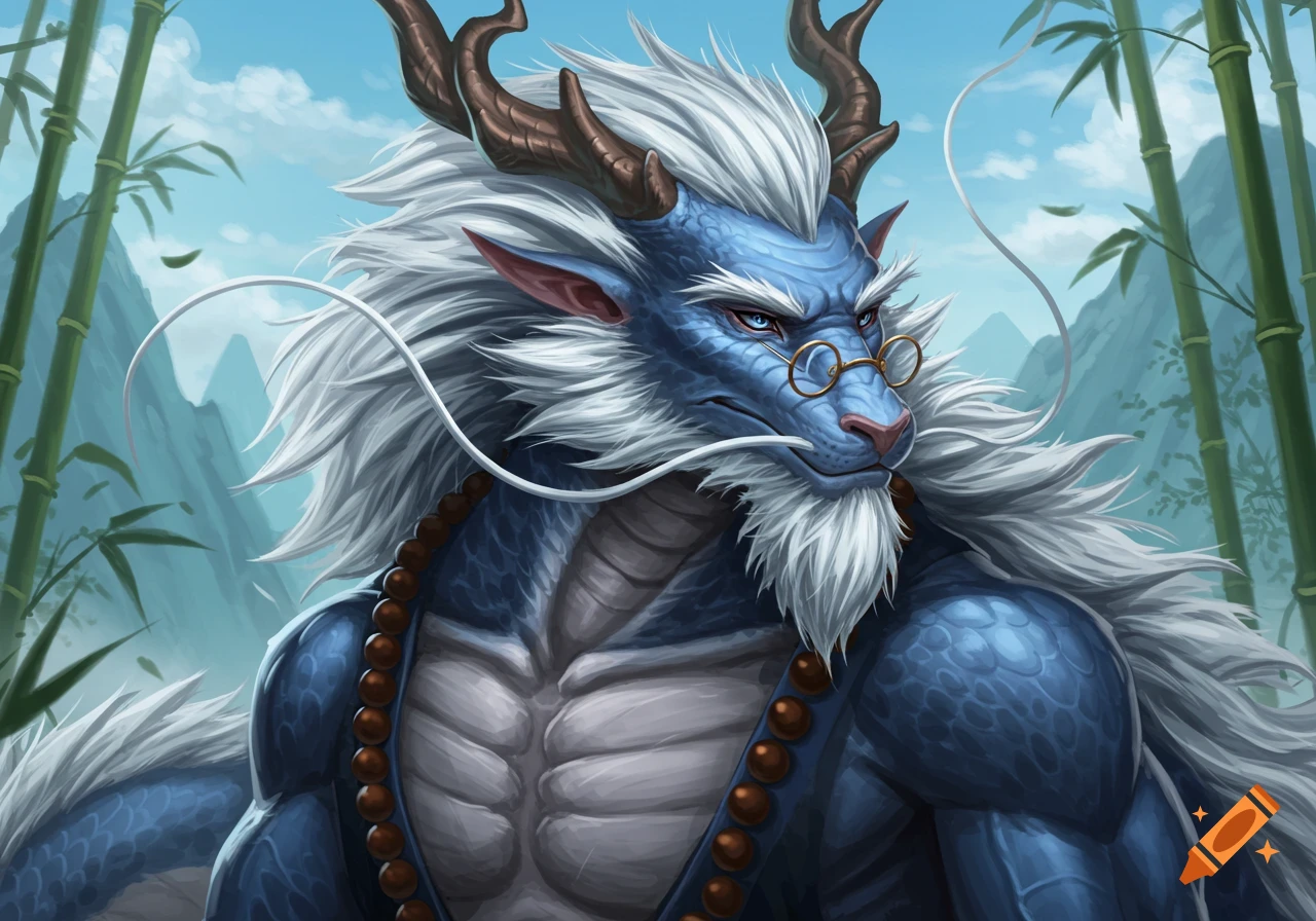 A blue Eastern dragon with white hair, a beard, horns, and glasses ...