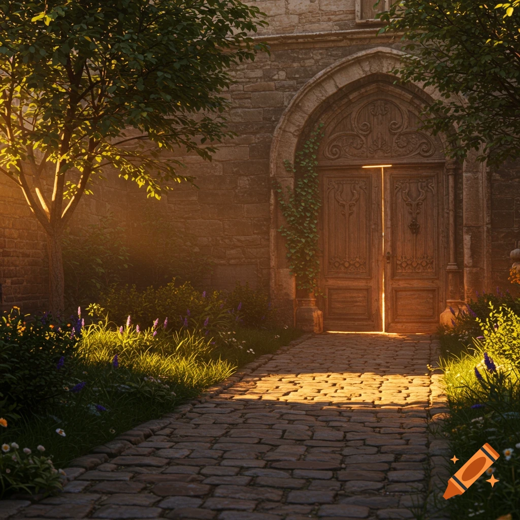 Cobblestone path leading to an ornate arched wooden door in an old ...