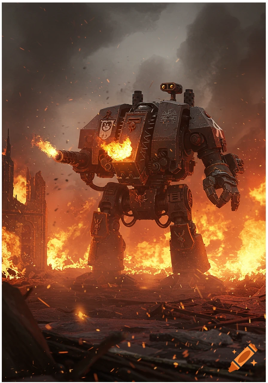 A heavily armored Warhammer 40k Redemptor Dreadnought, firing its ...
