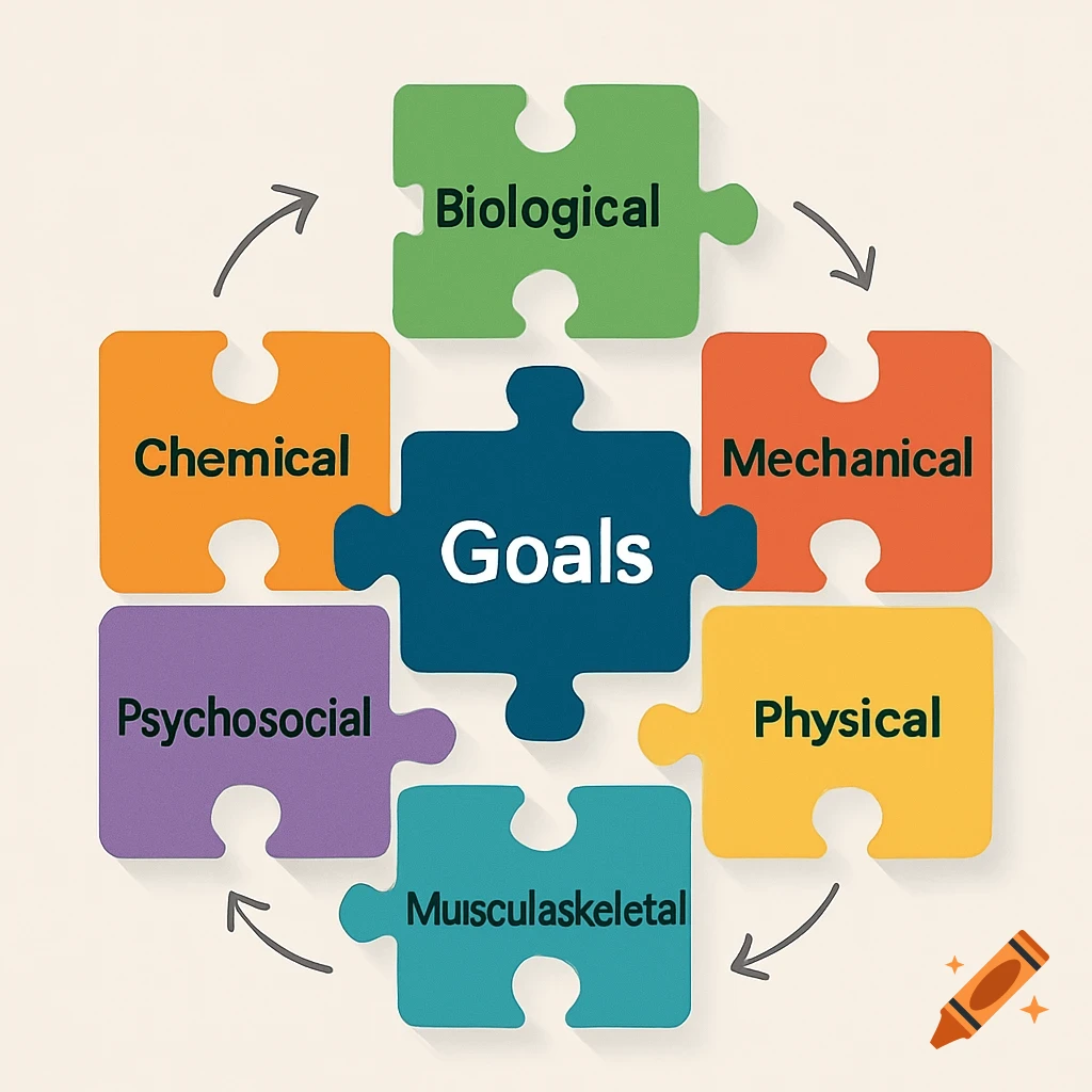 Infographic with a central blue puzzle piece labeled 'Goals' surrounded ...