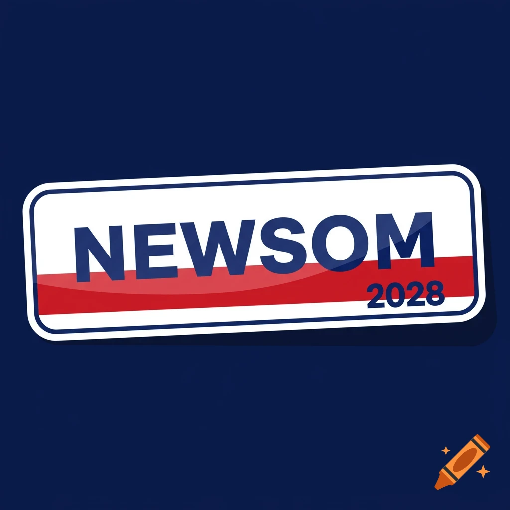 A political bumper sticker with the word NEWSOM in blue and 2028 in ...