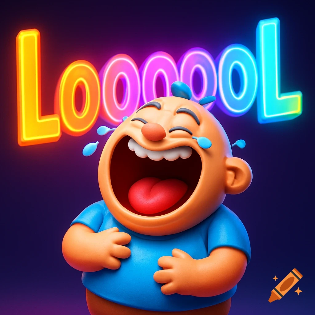 A 3D cartoon character with a wide open mouth, laughing hard, with ...
