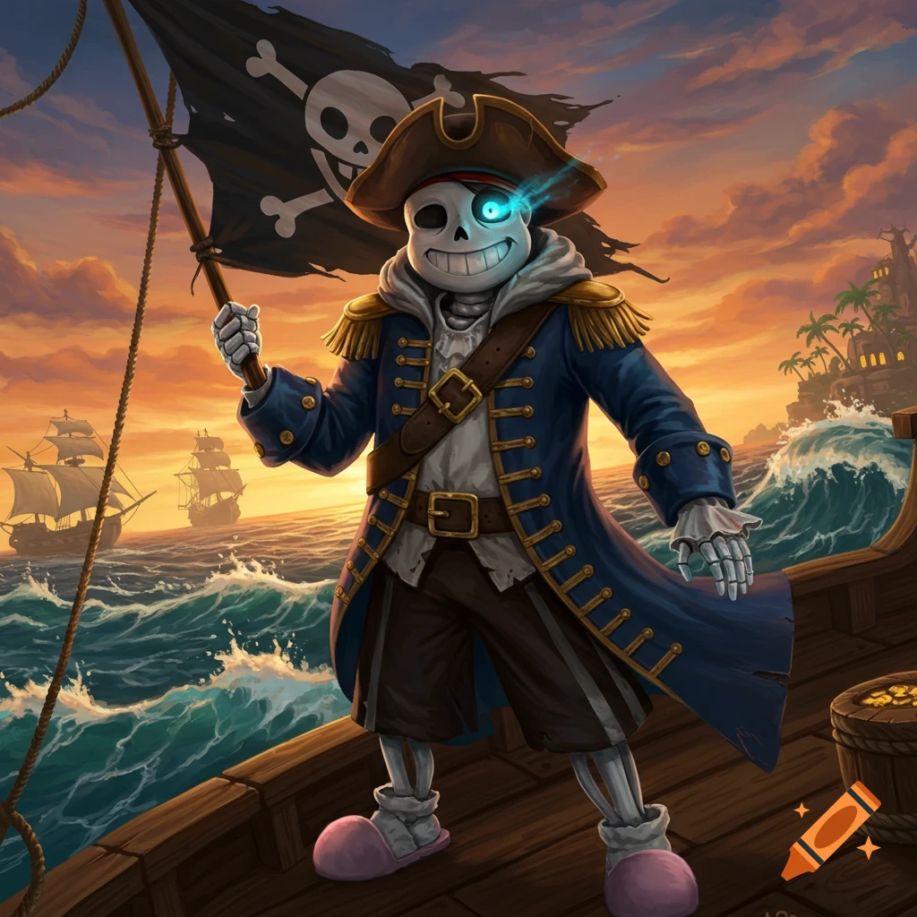 Illustrated skeleton pirate firing a machine gun on a ship deck at ...