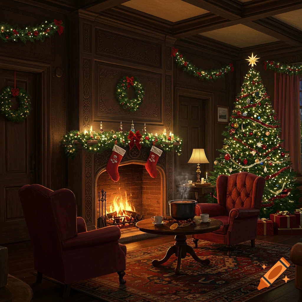 A cozy room with a wooden fireplace, a lit Christmas tree with presents, and a red patterned rug ...