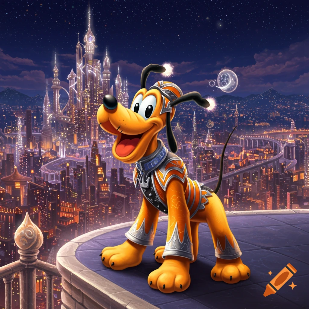 Disney's Pluto in orange and silver armor stands on a balcony overlooking a futuristic city ...