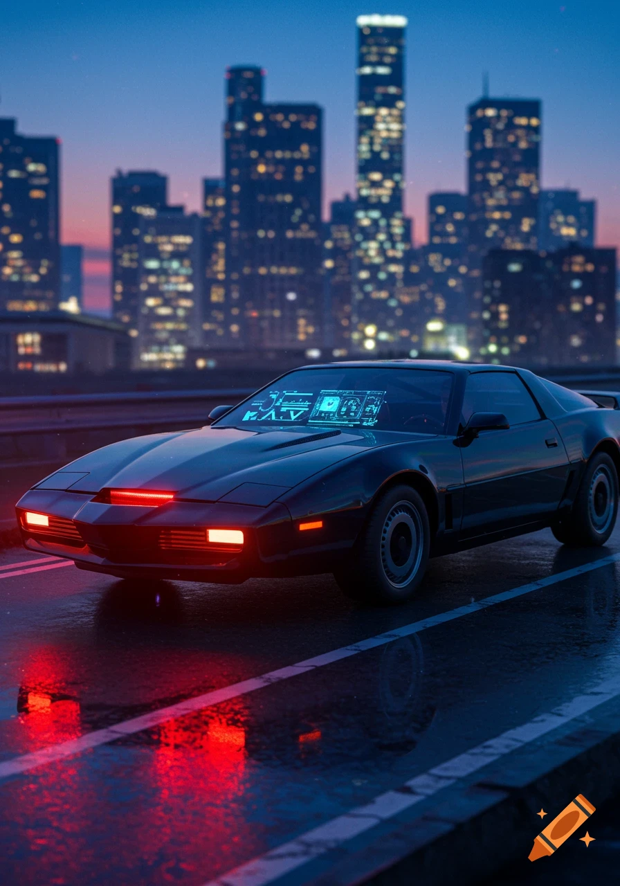 A stylized purple sports car drives on a coastal road during a vibrant ...