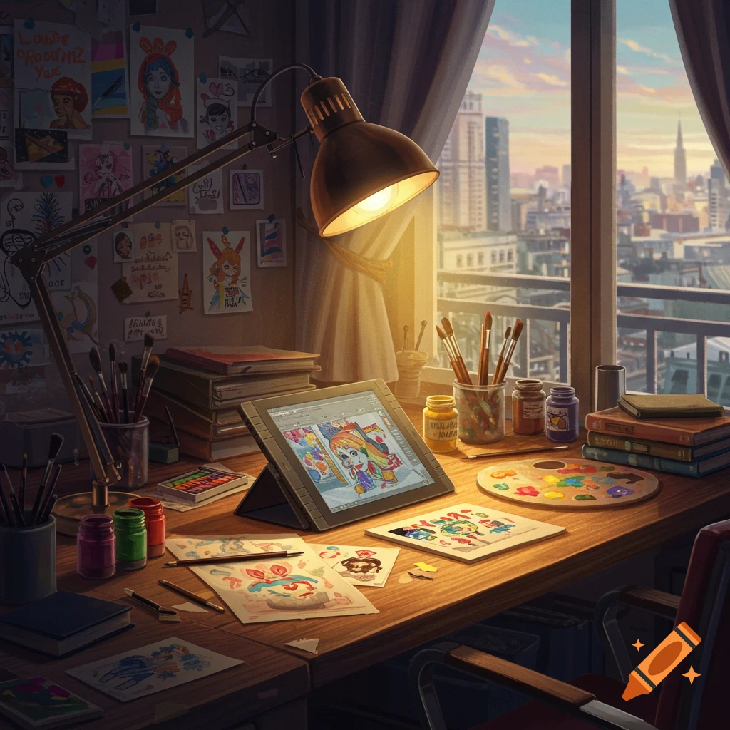 A warmly lit artist's desk overlooks a city at sunset, filled with ...