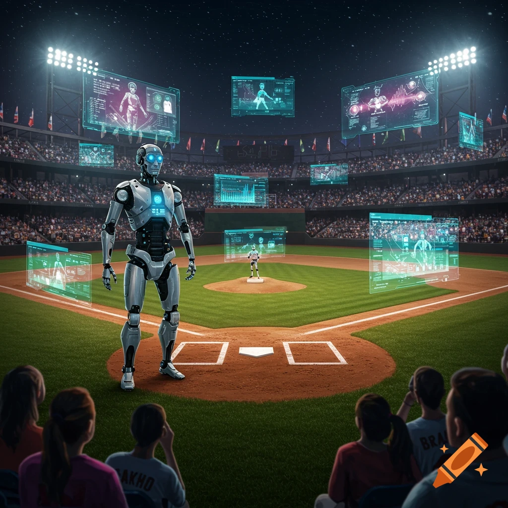 A robot umpire stands on a baseball field at night, surrounded by ...