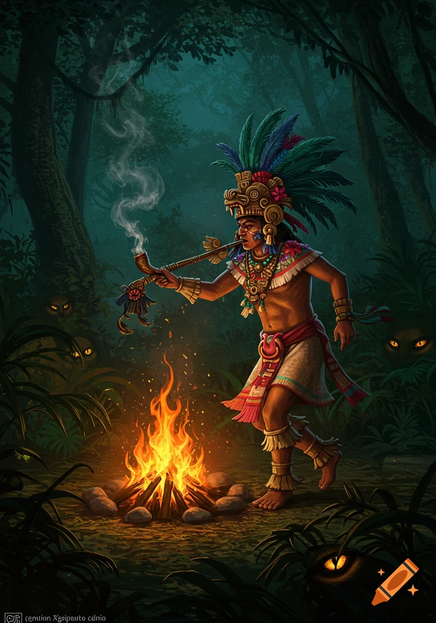 A colorful wooden Hawaiian tiki mask with glowing eyes, surrounded by ...