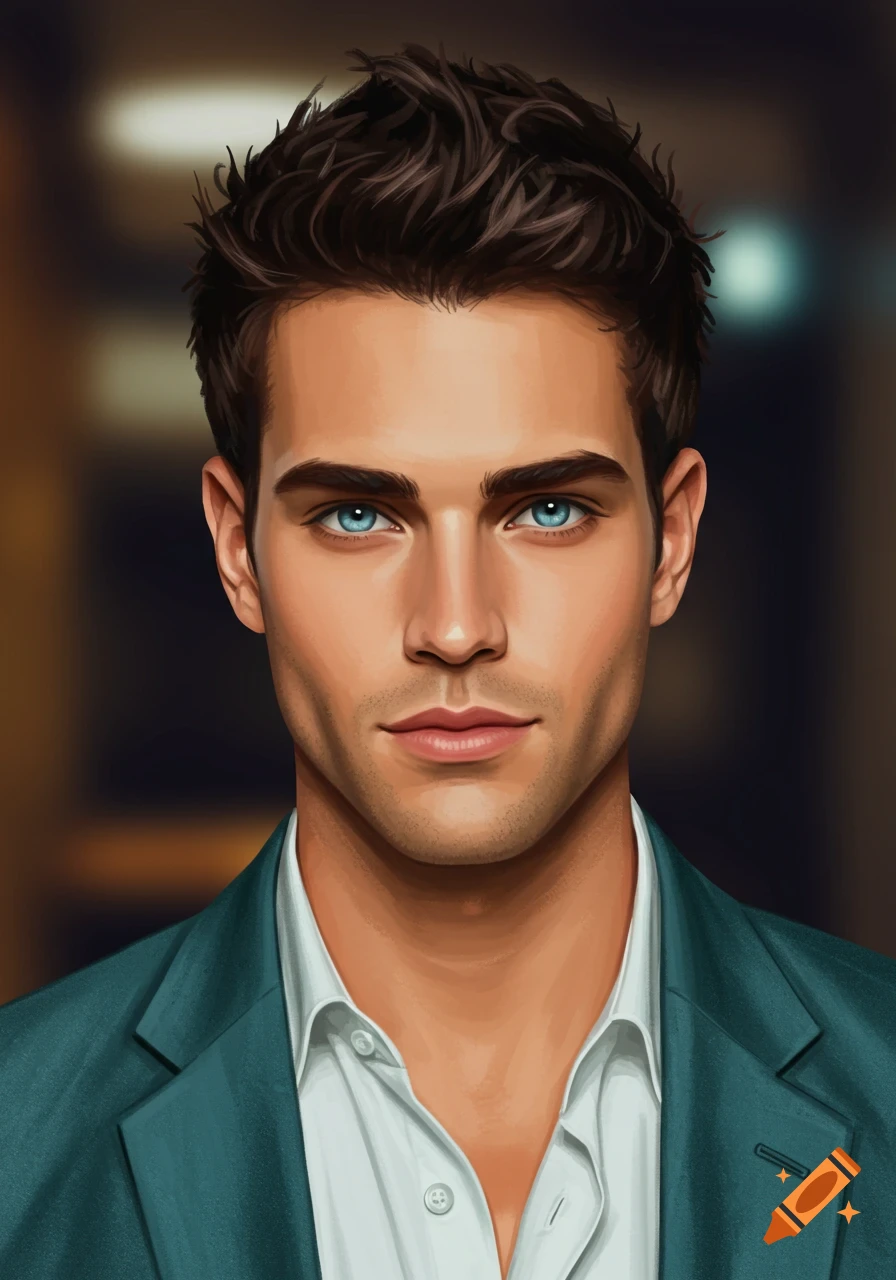 Digital art portrait of a handsome man with dark brown hair and bright ...