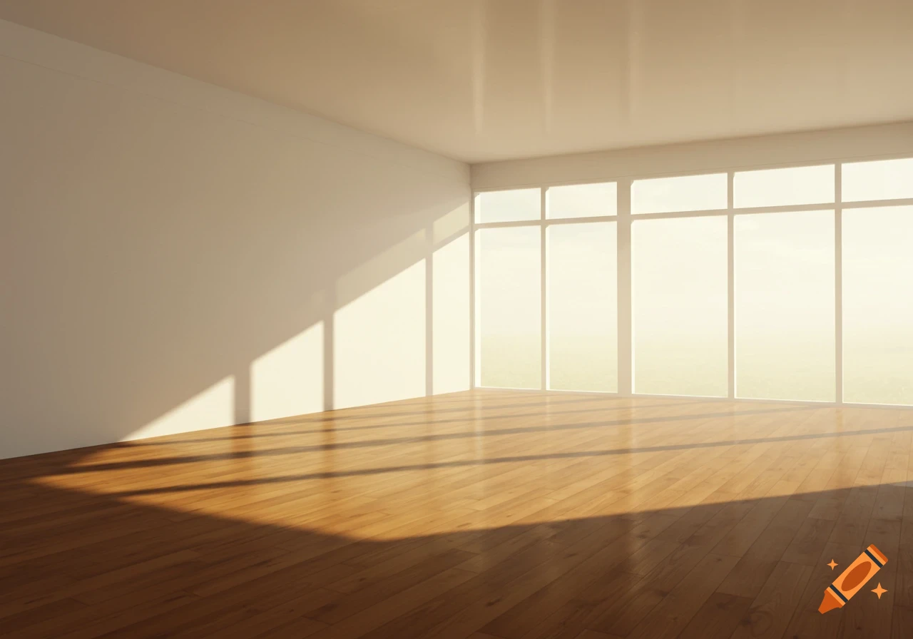 Empty room with white walls, wooden floor, and large windows, bathed in ...