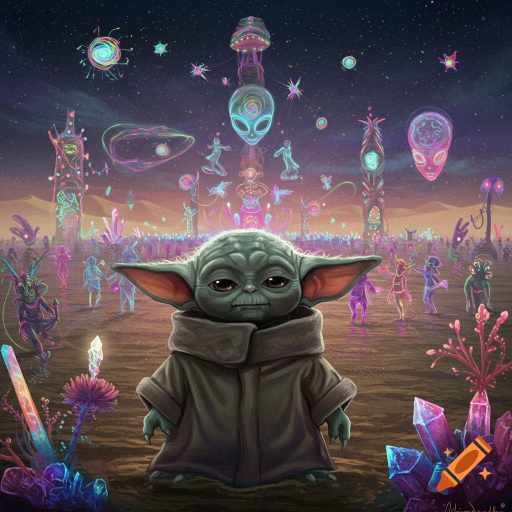 Cartoon of Grogu (Baby Yoda) looking suspiciously at R2-D2 in a ...