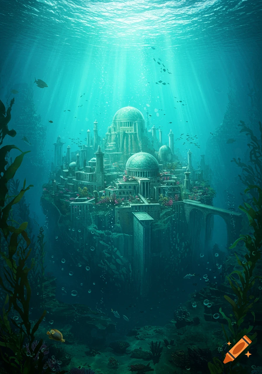 An ancient, ornate underwater city, reminiscent of Atlantis, featuring ...