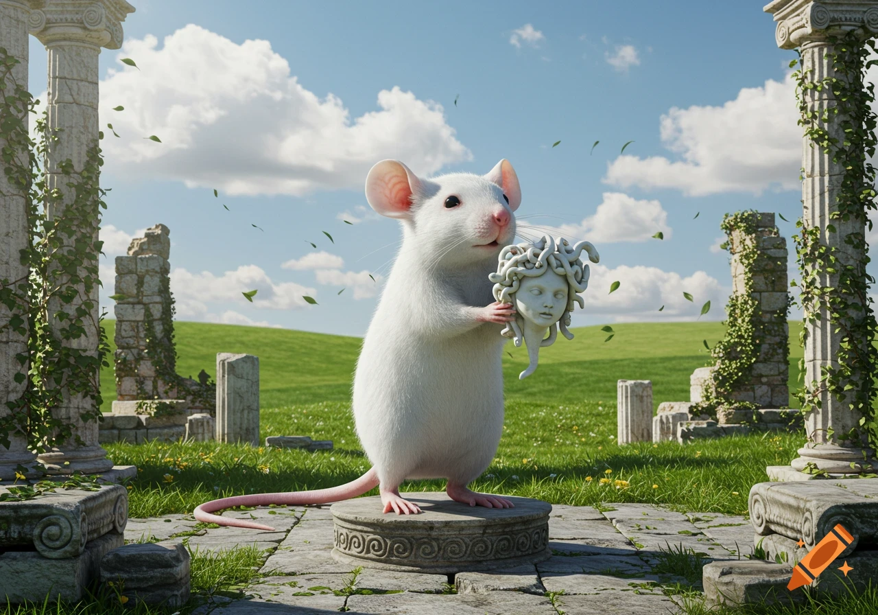 A photorealistic white mouse stands on a stone pedestal amidst ancient ...