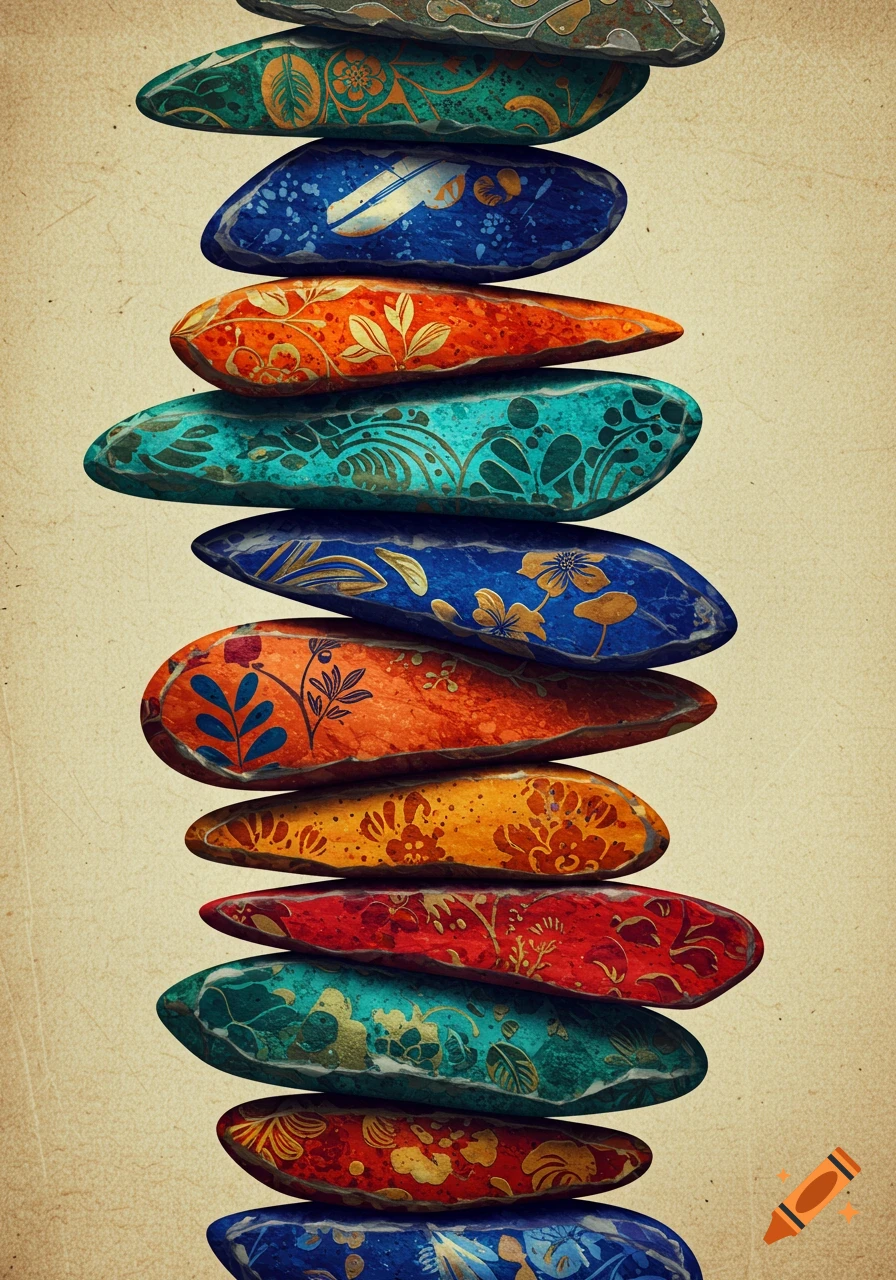A vertical stack of colorful, textured stones with detailed botanical ...