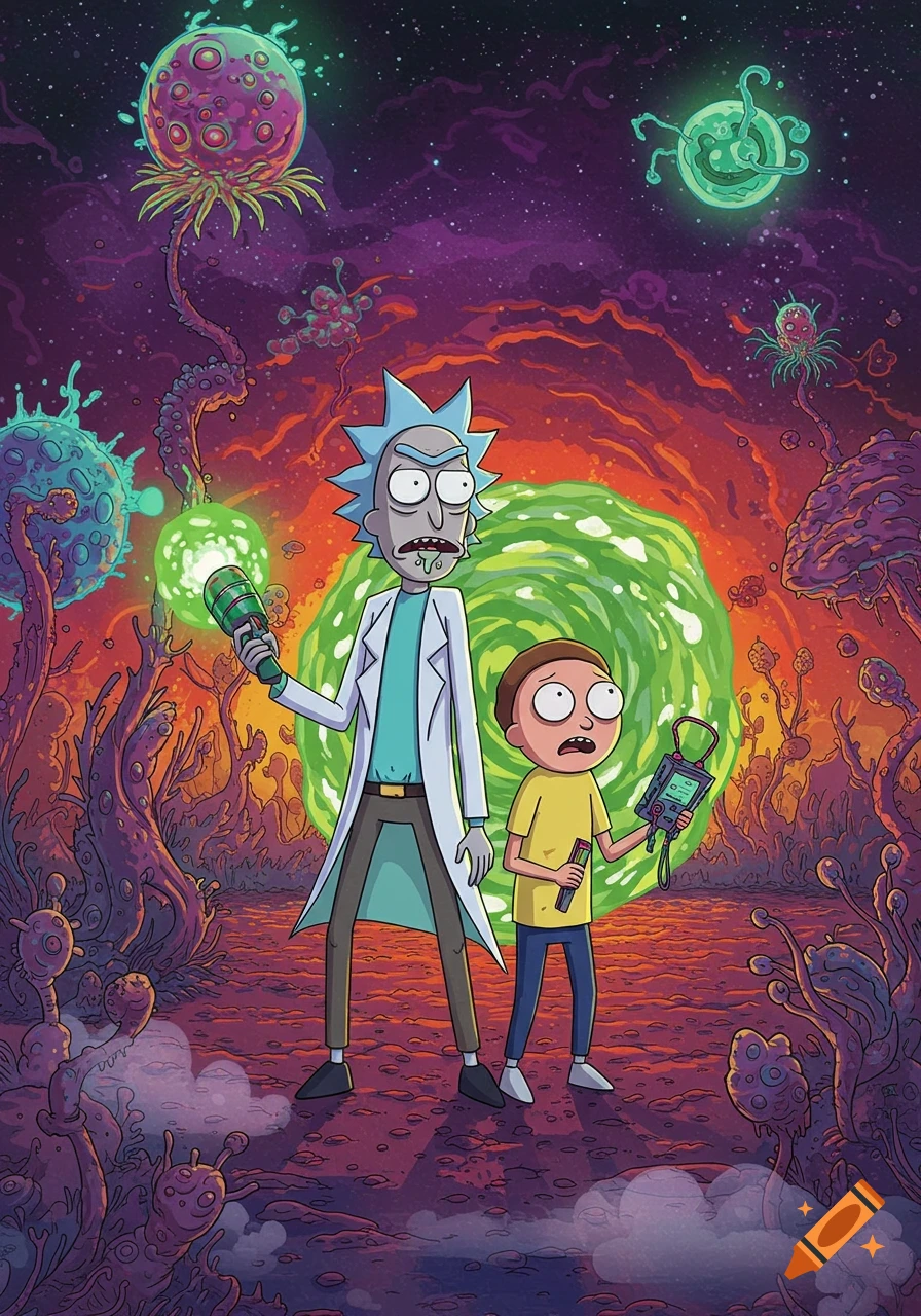 Rick and Morty stand in a vibrant, alien space dimension with a ...