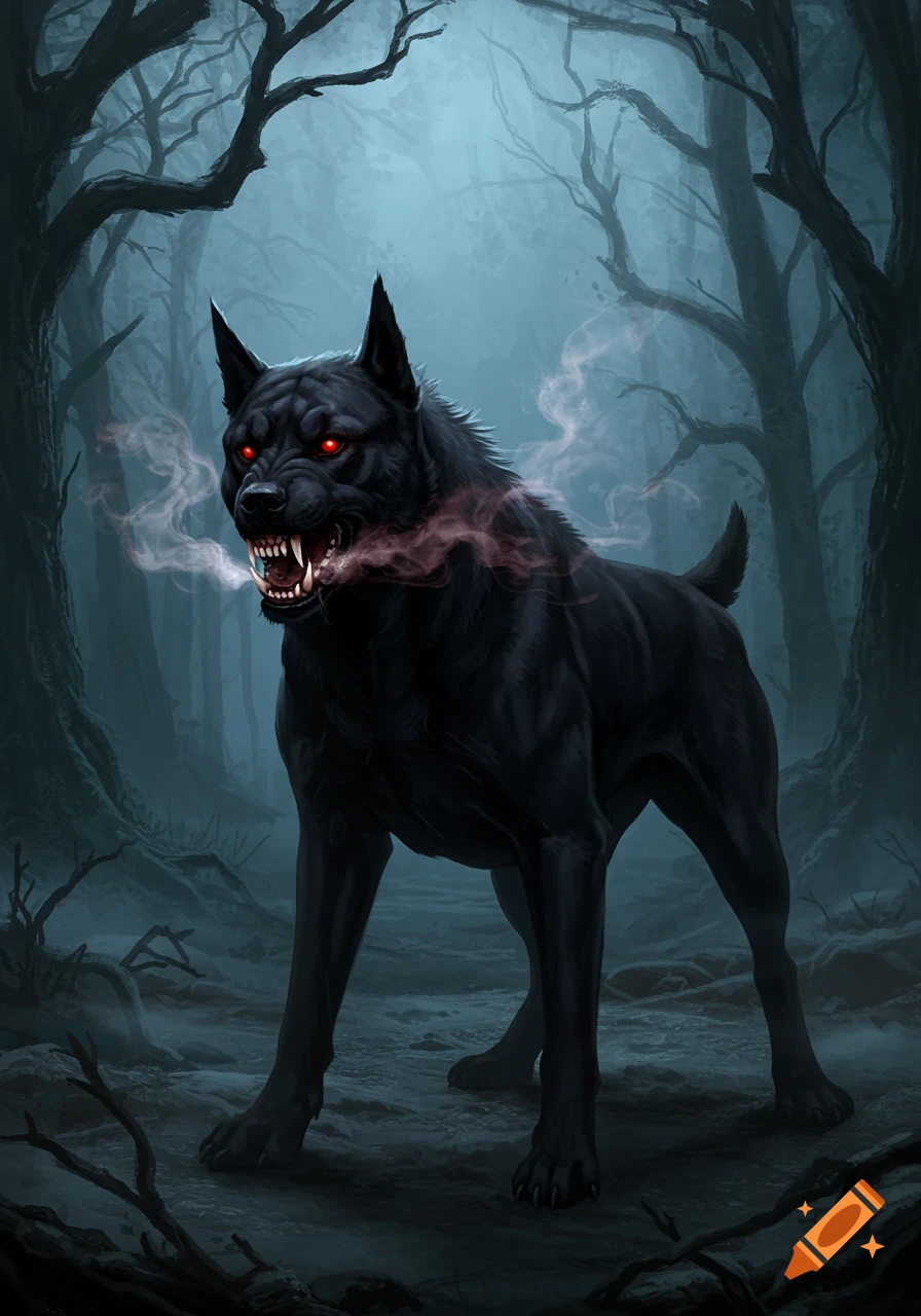 Angry dog on a forest path with ominous remains in a DND setting on Craiyon