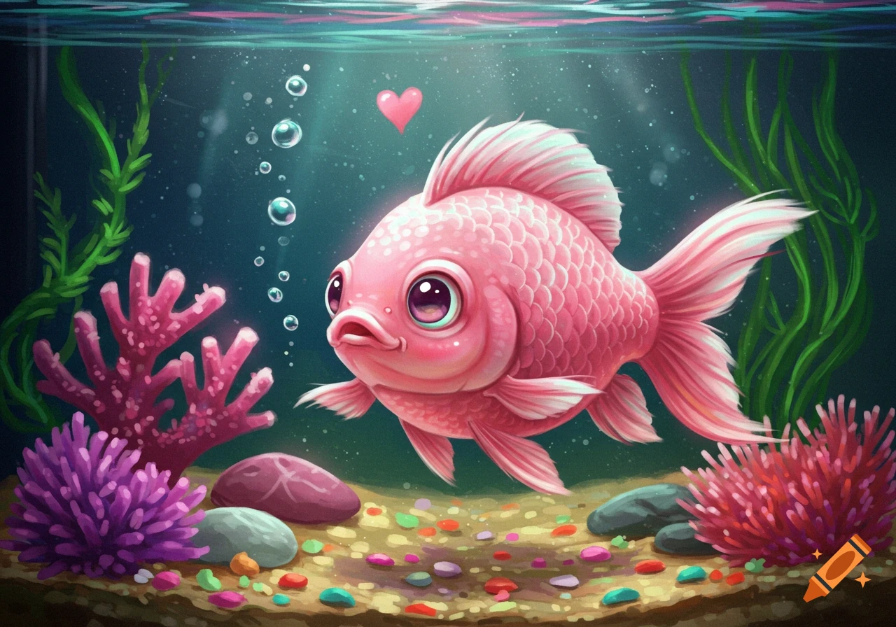 A cute, pink cartoon fish with big eyes floats in a vibrant fish tank ...