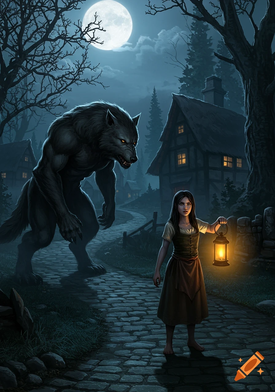 A large, muscular grey werewolf with glowing eyes holds a bone over a ...
