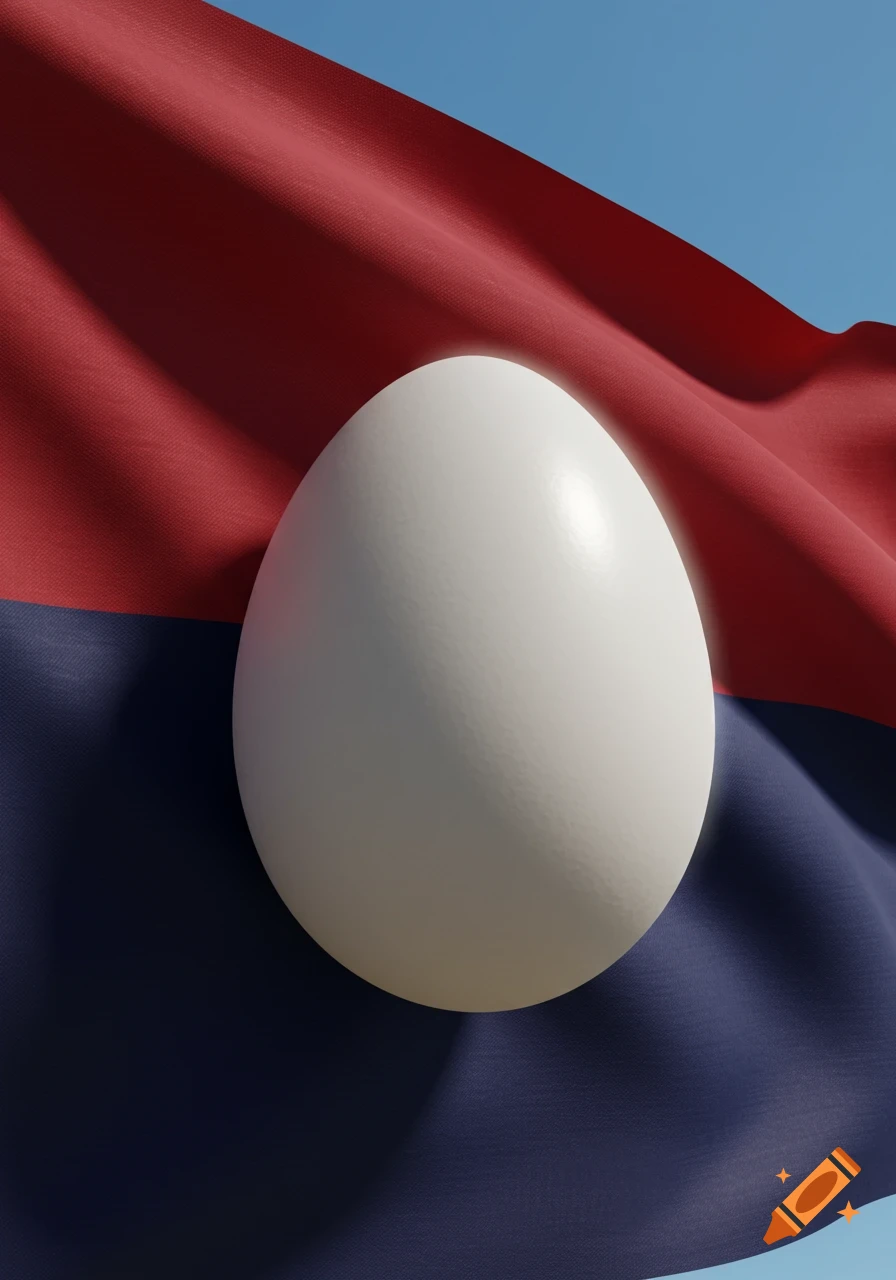 A red flag featuring a hexagonal emblem of an erupting volcano above ...