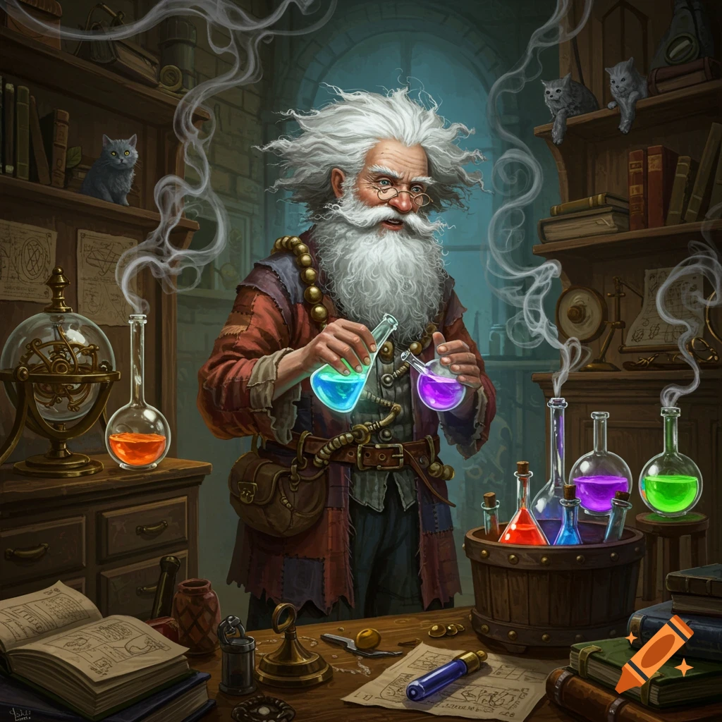 A stylized illustration of an old, bald scientist with a long white ...