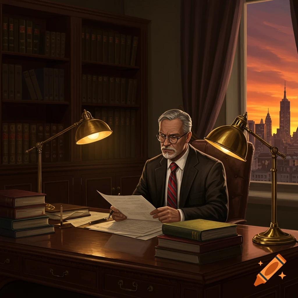 An older journalist with glasses writes at a desk cluttered with papers ...