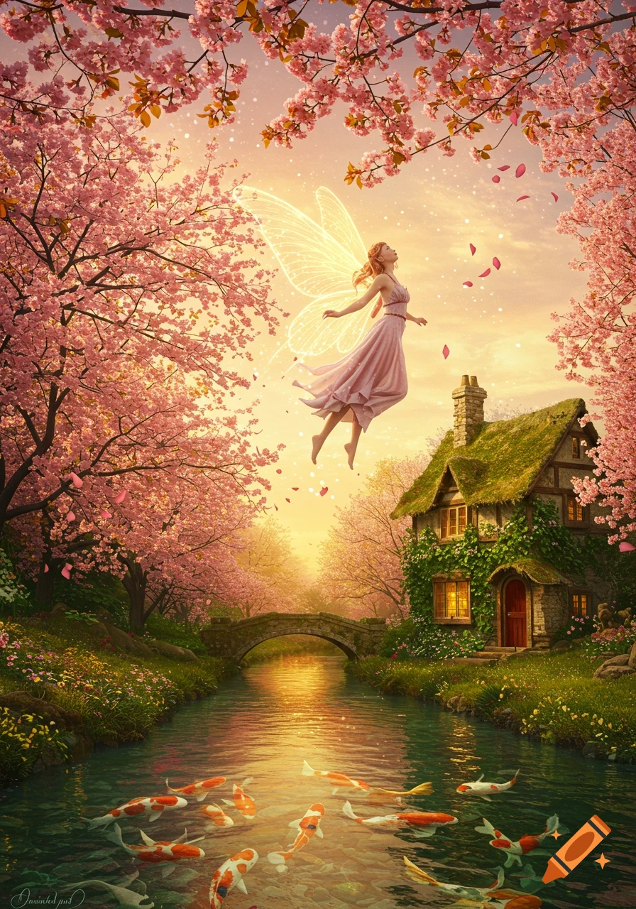 A vibrant fantasy art piece shows a fairy flying over a river with koi ...