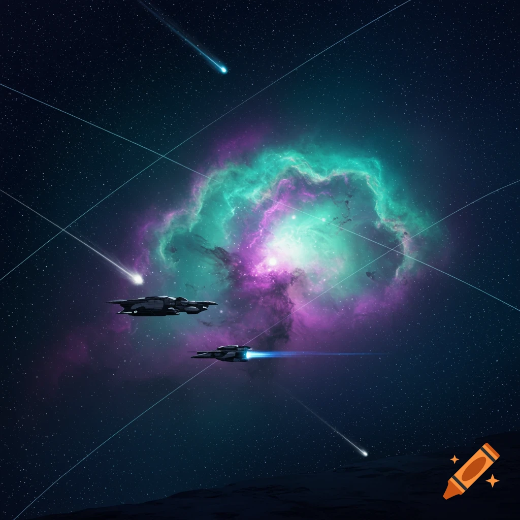 Two futuristic spaceships fly past a vibrant purple and teal nebula ...