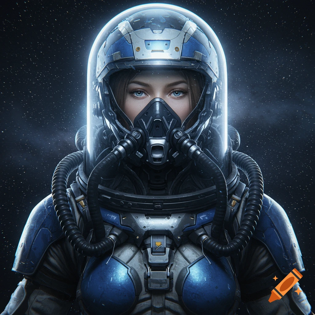 Close-up of a woman in a detailed blue and silver futuristic space suit ...