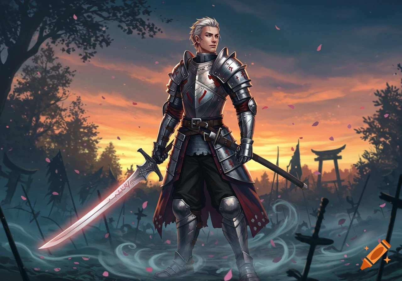 White Haired Warrior, Wolf, Katana created on Craiyon