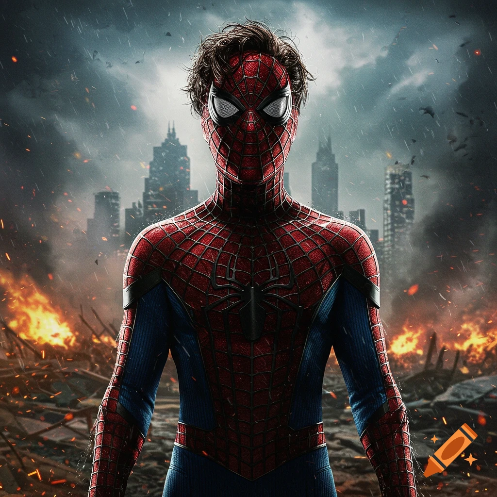 Spider-Man with messy hair above his mask, stands heroically in a ...